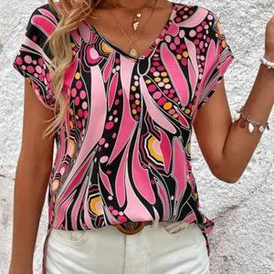 Temu | Tops | Vibrant Print V Neck Top Stunning Colors New | Poshmark